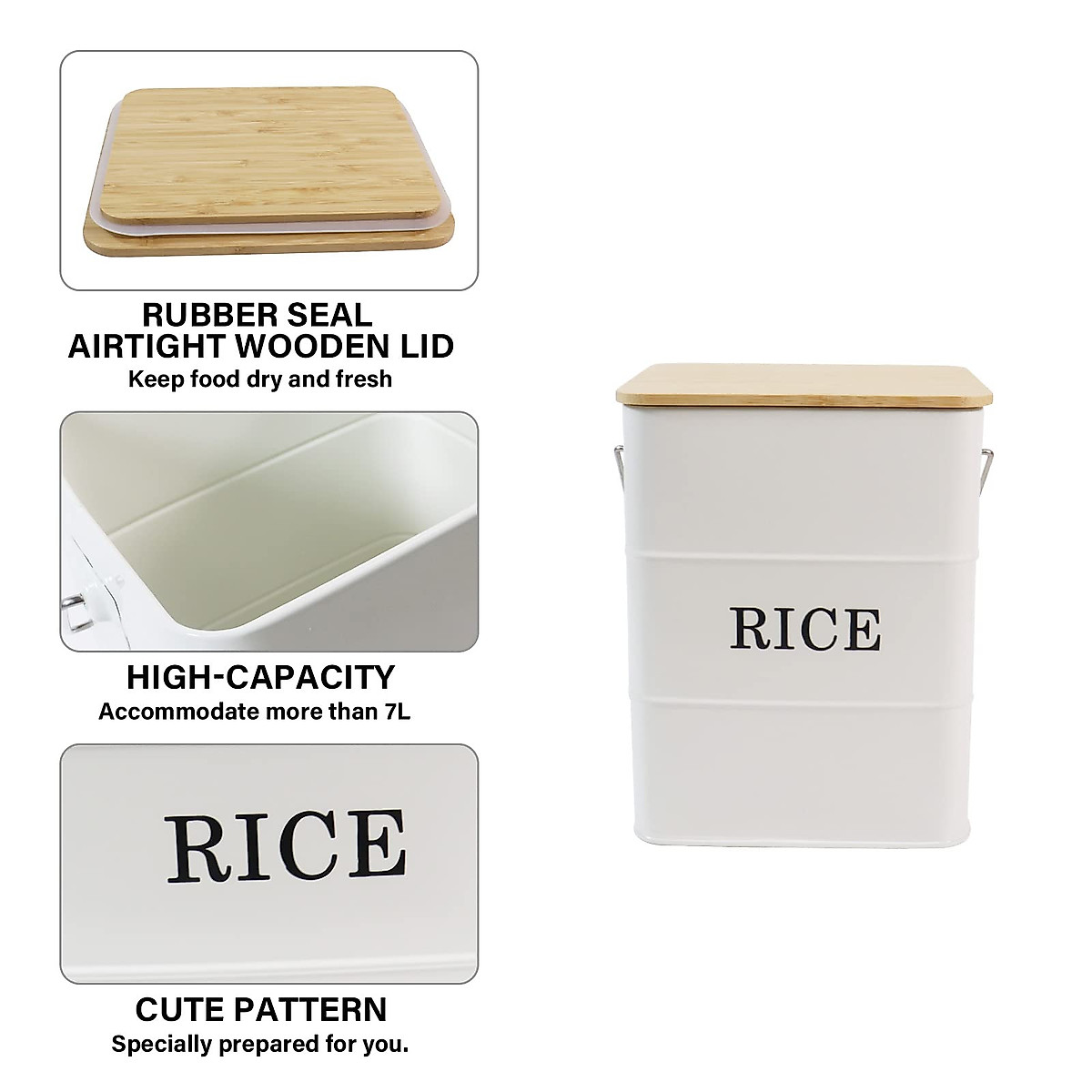 Gdfjiy Rice Container Metal Rice Storage Bin, Rice Storage Box with Airtight Bamboo Lid & Scoop, Food Storage Container for Rice Flour Soybean Grain Cereal (Cream White)