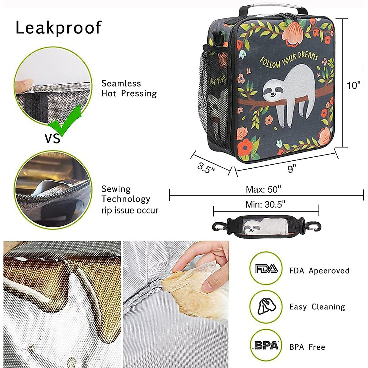 ALAZA Sloth Lunch Bag Insulated Lunch Box Large Freezable Lunch Boxes Cooler Meal Prep Lunch Tote Follow Your Dreams with Shoulder Strap for Women Boys Girls