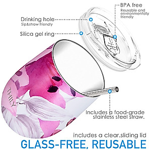 THILY Vacuum Insulated Stemless Wine Tumbler 12 oz Stainless Steel Wine Glass with Lid and Straw, Keep Cold or Hot for Coffee, Cocktails, 2 Pack(Pink Lilies + Lotus Flower)