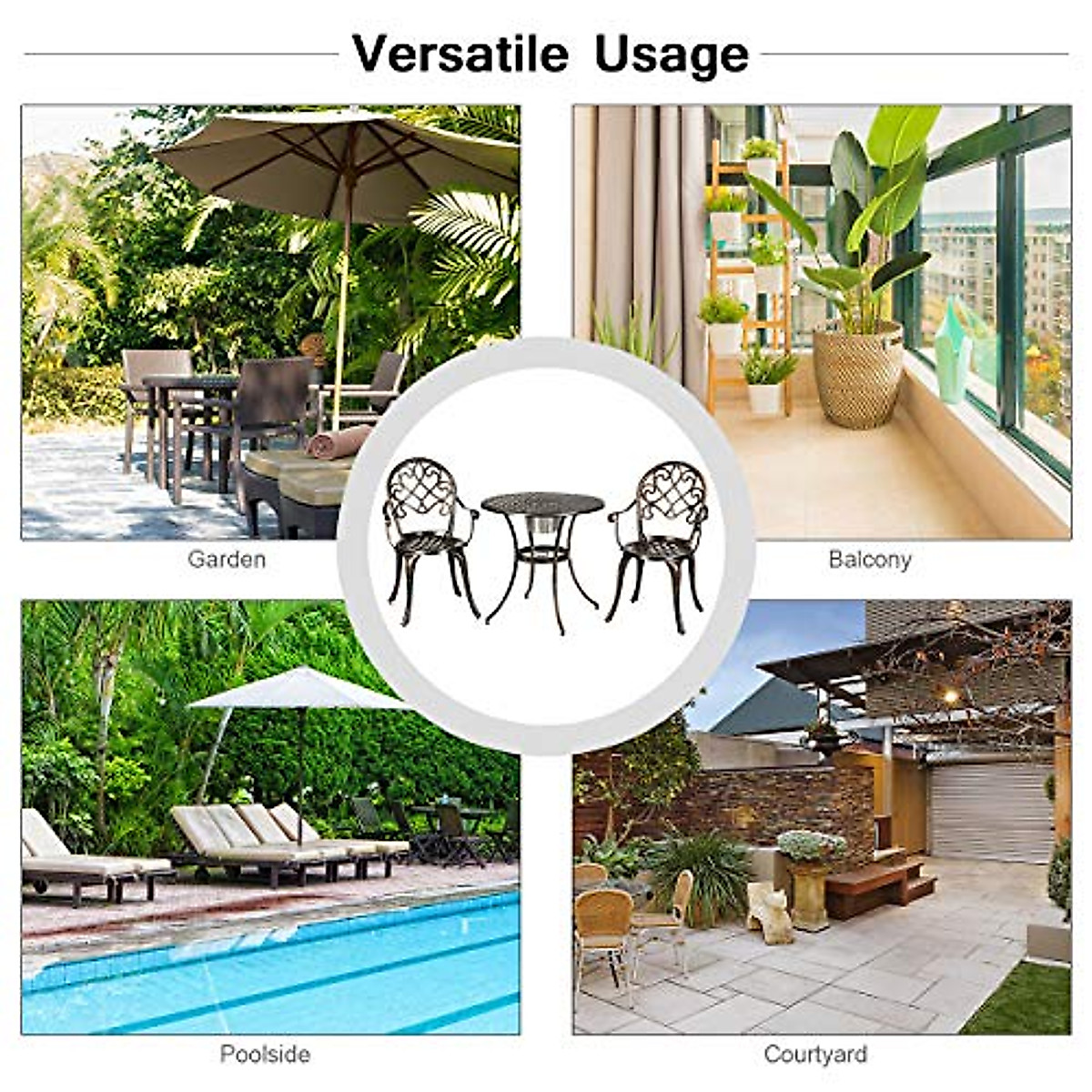 Giantex 3pcs Bistro Table Set Cast Aluminum Outdoor Patio Furniture Set Round Table W/Removable Ice Bucket, 2 Chairs Antique Garden Furniture Weather Resistant (Antique Bronze)