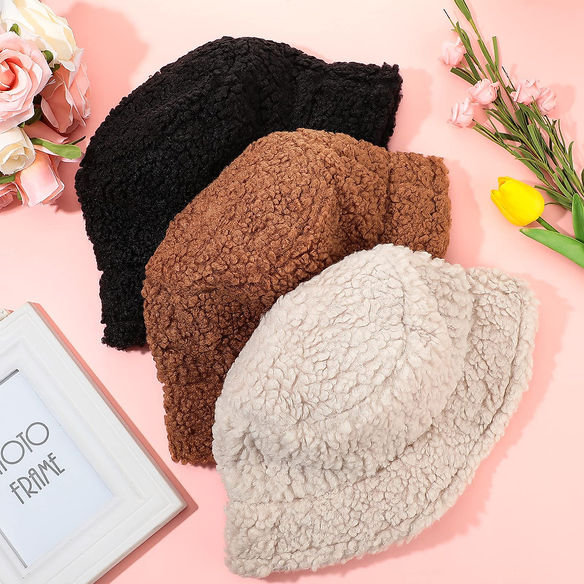 SATINIOR 3 Pcs Fuzzy Bucket Hat Faux Fur Bucket Hat Winter Fluffy Bucket Hat Wide Brim Cloche Hat Fisherman Cap for Women Men