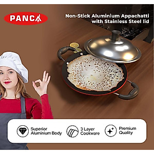 PANCA Non-Stick Aluminium Appachatti with Stainless Steel lid, 2.6mm, Red/Black, 23cm, Gas Compatible
