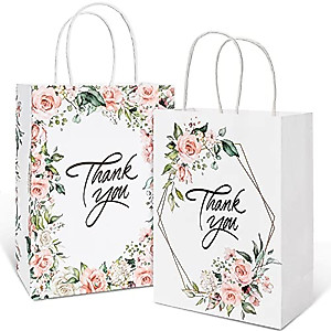 AnyDesign 16Pcs Thank You Gift Bags Floral Design Gift Bags with Handles White Kraft Paper Treat bags Wedding Small Paper Bags for Business Shopping Birthday Baby Shower Party Favors, 2 Designs