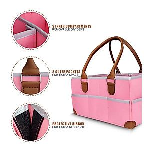 MELWEY Pink Diaper Caddy for Baby Girls - Newborn Essentials Must Haves, Baby Registry Basket,Nursery Changing Table and Car Storage Basket Organizer for Baby Girls Shower Gift (Pink)