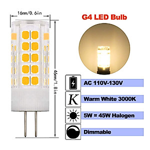 ZHENMING G4 LED Bulbs 110V-130V (Not Low Voltage 12V) G4 Bi-Pin Base Spotlight Lighting Dimmable 5W Warm White 3000K Replace 45W G4 Halogen Lamp, for Under-Cabinet Lights, Ceiling Lights, Pack of 4