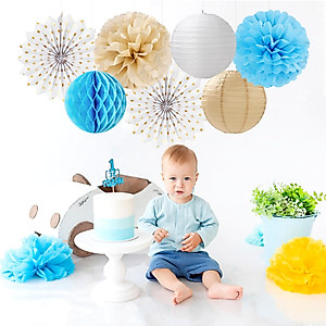 Light-Blue Boho Champagne-Gold Party-Decorations Streamers - 14pcs Boy Birthday Baby Shower Paper Honeycomb Lanterns Fan,Tissue Pom Poms,Bachelorette Bridal Wedding Dusty White Decor Lasting Surprise