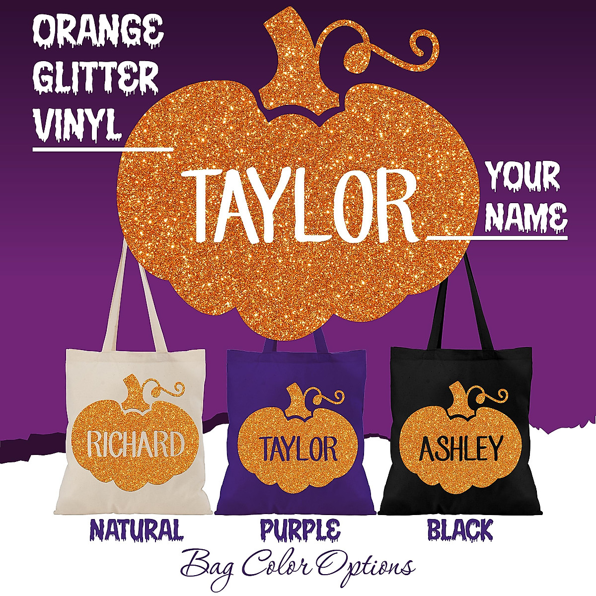 Customized Glitter Orange Pumpkin Halloween Trick or Treat Tote Bags, Goodie Bag (Black)