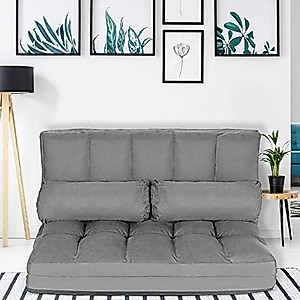 COSTWAY Floor Sofa Couch with 2 Pillows, Foldable 6-Position Adjustable Lazy Sofa Bed Sleeper with Metal Frame, Soft Suede Fabric, Gaming Playing Lounge Recliner for Adults (Grey)