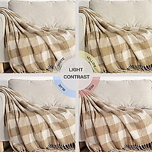 Carriediosa Buffalo Beige Throw Blankets with Tassel, Plaid Lightweight Soft Cozy Blanket for Couch Bed Sofa Chair, Woven Checkered Farmhouse Blankets (Beige Plaid 50" x 60")