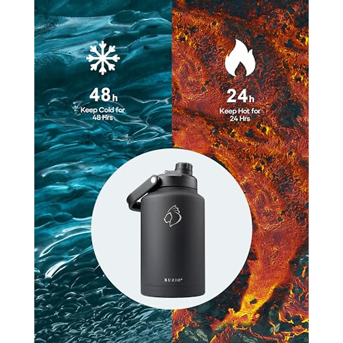 BUZIO One Gallon Water Bottle Insulated, 128oz Stainless Steel Water Bottle, 18/8 Food-Grade Beer Growler with Carrying Pouch and Two Stainless Steel Cups, Hot Cold Thermo Canteen Mug, Black