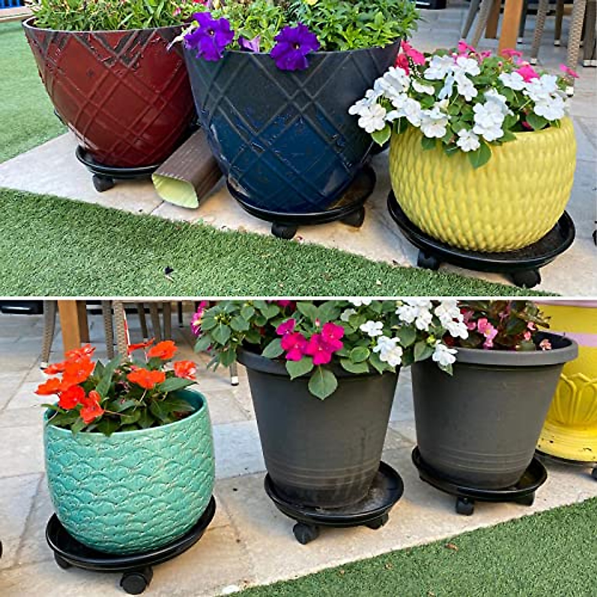 6 Packs Plant Caddy with Wheels 12" Plastic Rolling Plant Stands Heavy-Duty Plant Dolly with Casters Indoor and Outdoor Plant Roller Base Large Heavy Plant Pot Saucers with Wheels Plant Mover, Black