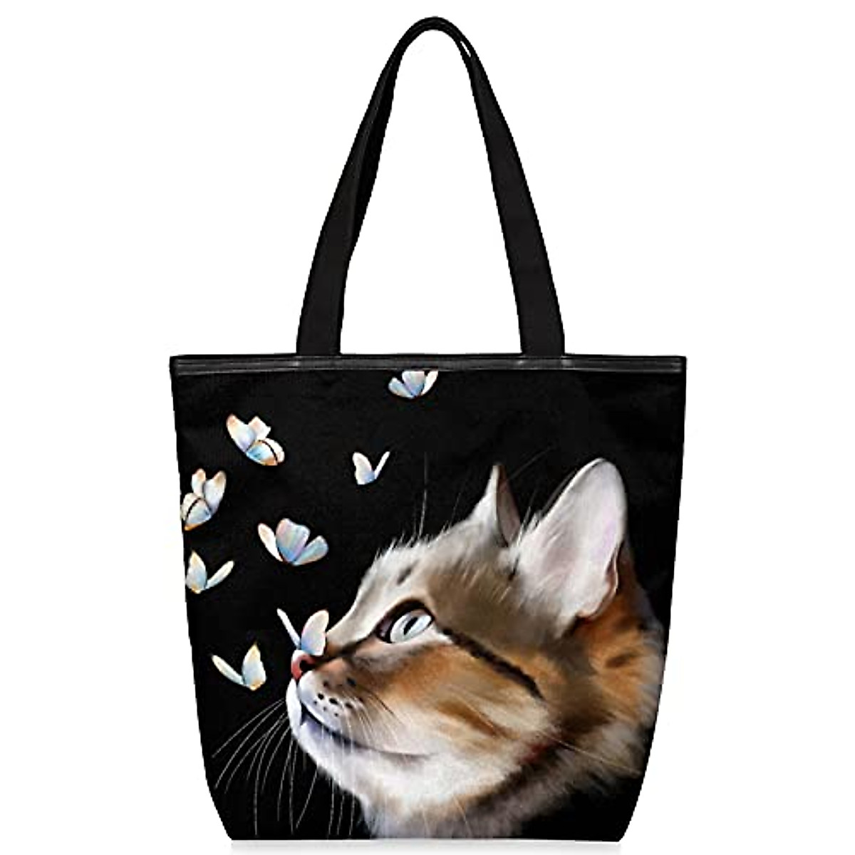 Cat Kitten Canvas Tote Bag for Women Reusable Grocery Bag with Zippered Top Butterfly Grocery Shopping Bags Beach Bag Book Bags Small
