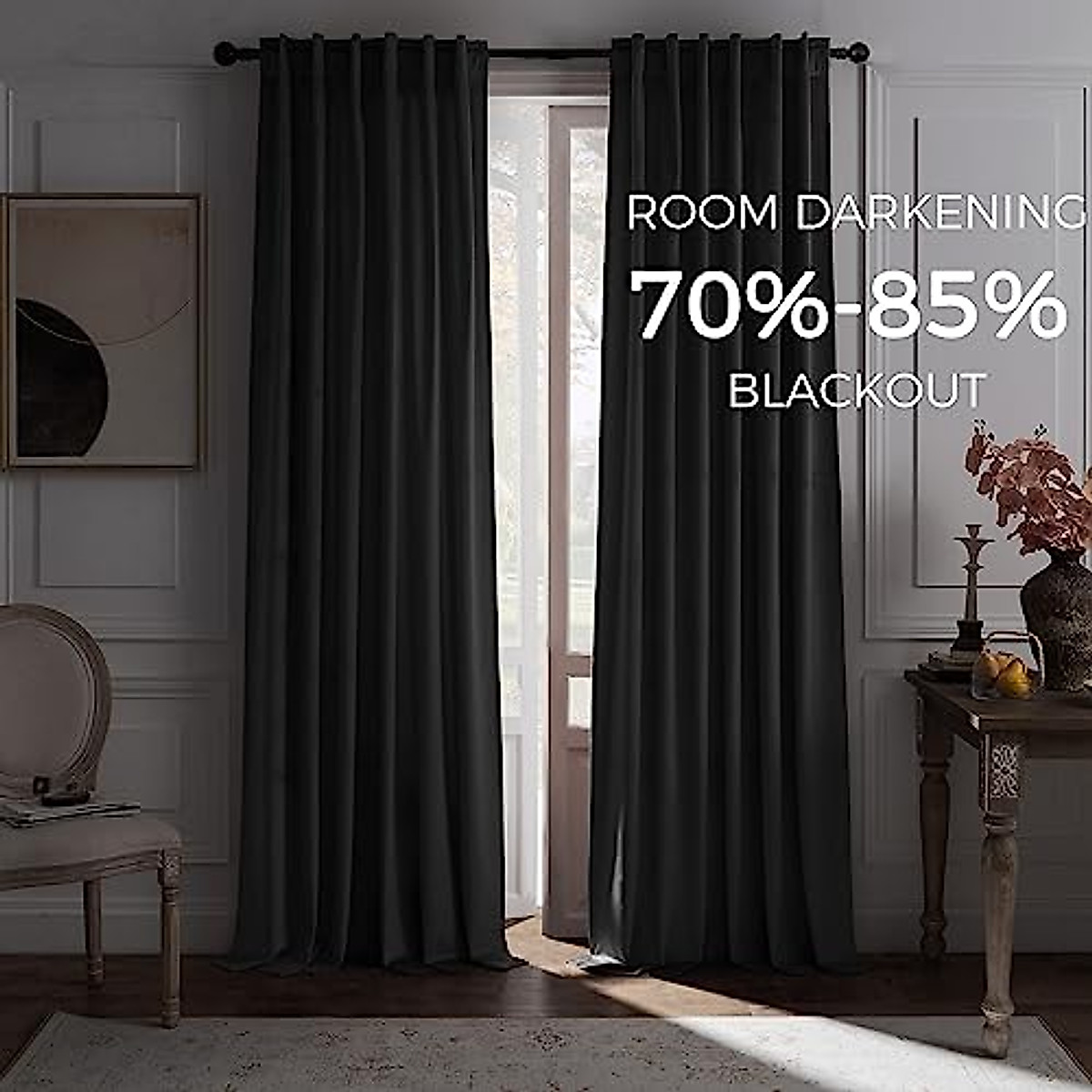 Topfinel 90 Inches Black Blackout Velvet Curtains for Living Room,Rod Pocket Back Tab Brightens Thick Vertical Backdrop Drapes for Living Room Cinema/Room Dividers 90 Inch Length 2 Panels,Black