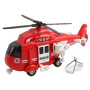 Vokodo Fire Rescue Helicopter 11" With Lights Sounds Push And Go Includes Cargo Basket Durable Kids Firefighter Friction Chopper Toy Pretend Play Airplane Truck Great Gift Children Boys Girls Toddlers