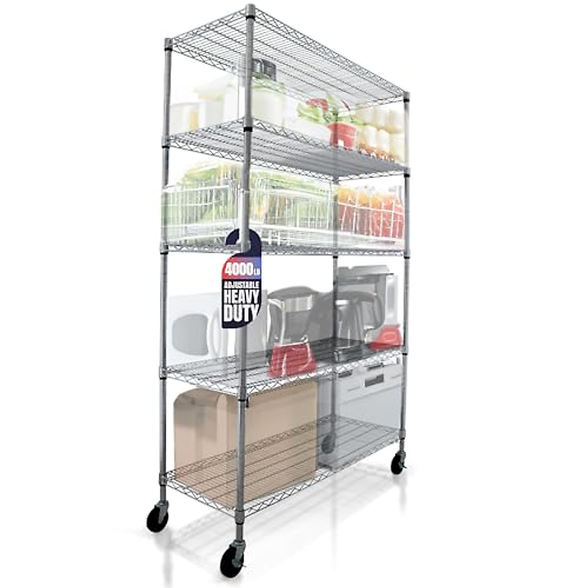 Crescent, Chrome, 48 x 18 x 76, 4000 LBS, Metal Shelves for Storage with Wheels, Ideal for Garage Shelving, 5 Tier Wire Shelving Rack for Kitchen Storage, Heavy Duty Shelving for Home Storage