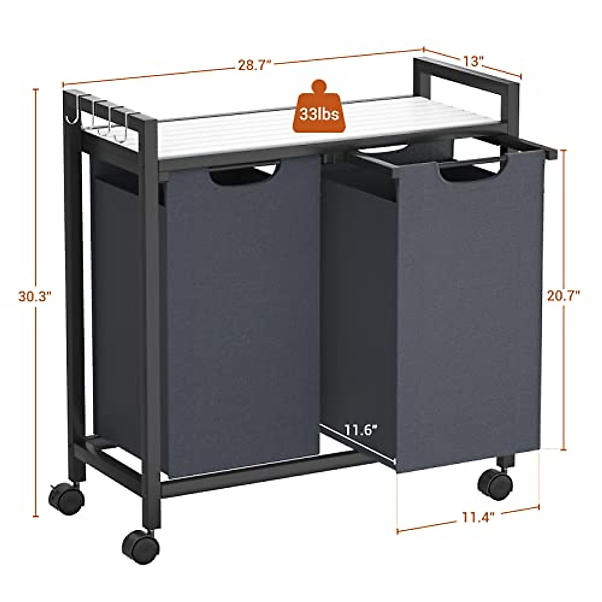 Homykic Laundry Hamper with Wheels, 100L Pull-Out Laundry Basket with Shelf, 2-Section Laundry Sorter Cart with Removable Laundry Bags 4 Hooks for Clothes, Bamboo Top and Metal Frame, White+Black