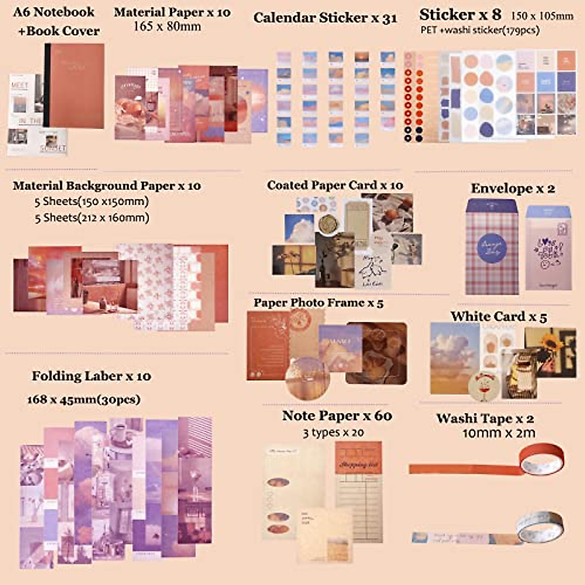 TIANREN Aesthetic Scrapbook kit(348pcs),Junk Journal/Daily Journal Scrapbooking Supplies Stationery,A6 Grid Notebook,DIY journaling Craft Gift for Teen Girls, Boys,Kids,Women..（Sunset