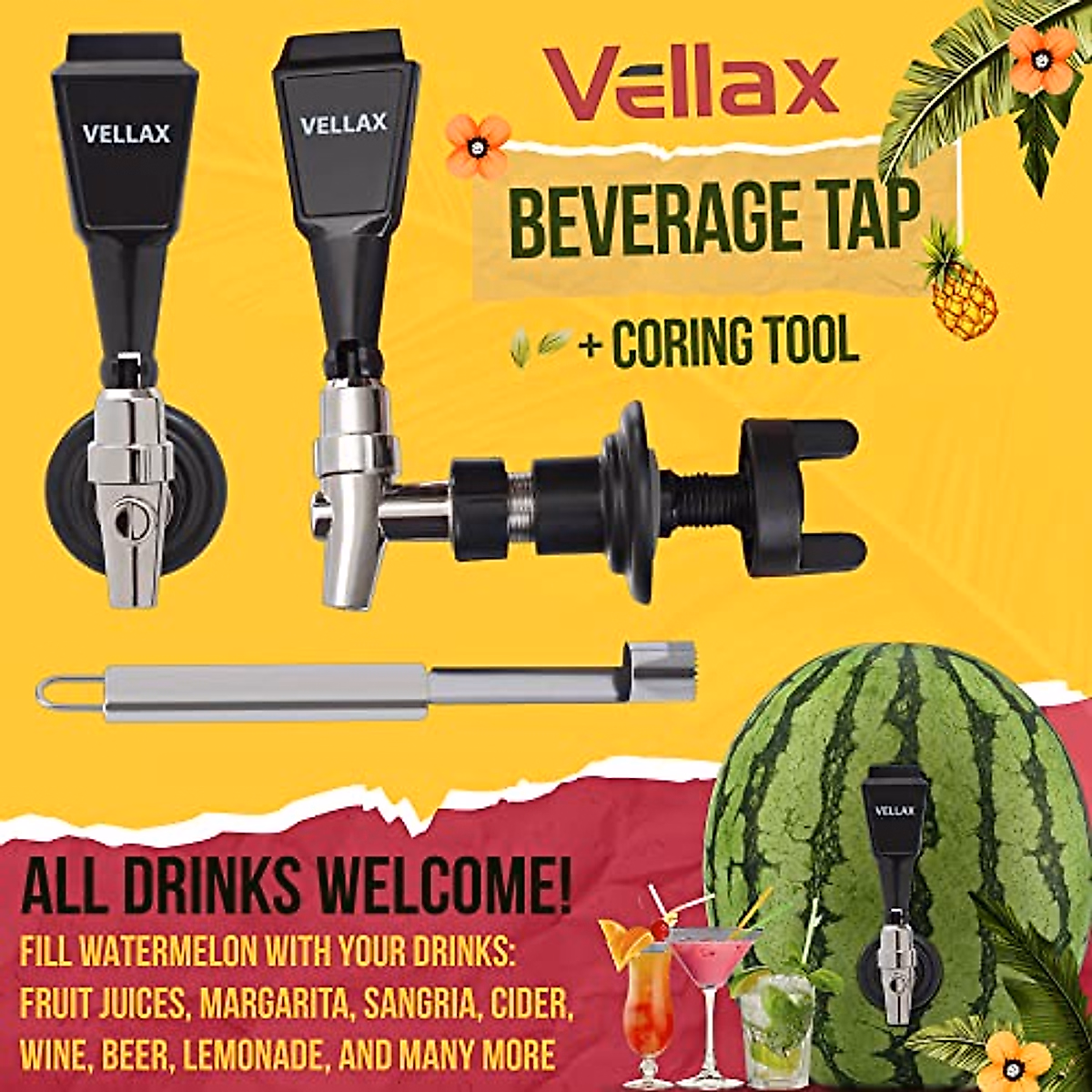 Watermelon Tap Beverage Dispenser Kit - Fruit Keg Tapping Kit & Coring Tool - Juice DIY Spigot, Beer Faucet, Great Spout to Turn Halloween Pumpkins into Ice Tea & Alcohol Drink Party Cocktails
