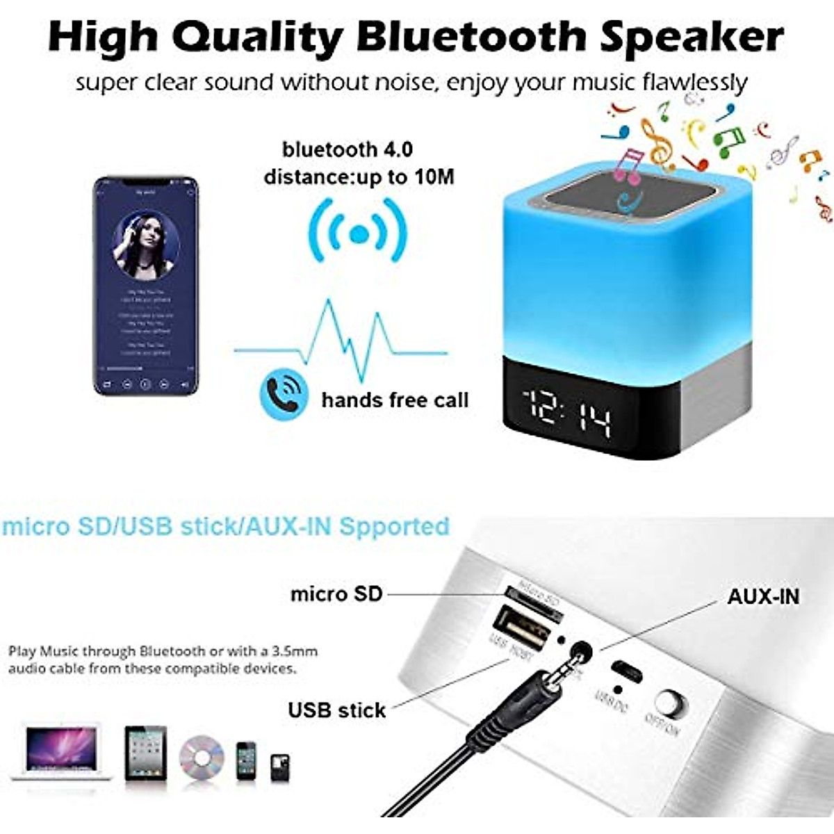 Gallstep Night Lights Bluetooth Speaker, Alarm Clock Bluetooth Speaker Touch Sensor Bedside Lamp Dimmable Multi-Color Changing Bedside Lamp, MP3 Player, Wireless Speaker with Lights