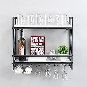 Industrial Wine Racks Wall Mounted with 6 Stem Glass Holder,Rustic Metal Hanging Wine Holder,2-Tiers Wall Mount Bottle Holder Glass Rack,Wood Shelves Wall Shelf Wine Accessories(24in,Vintage White)