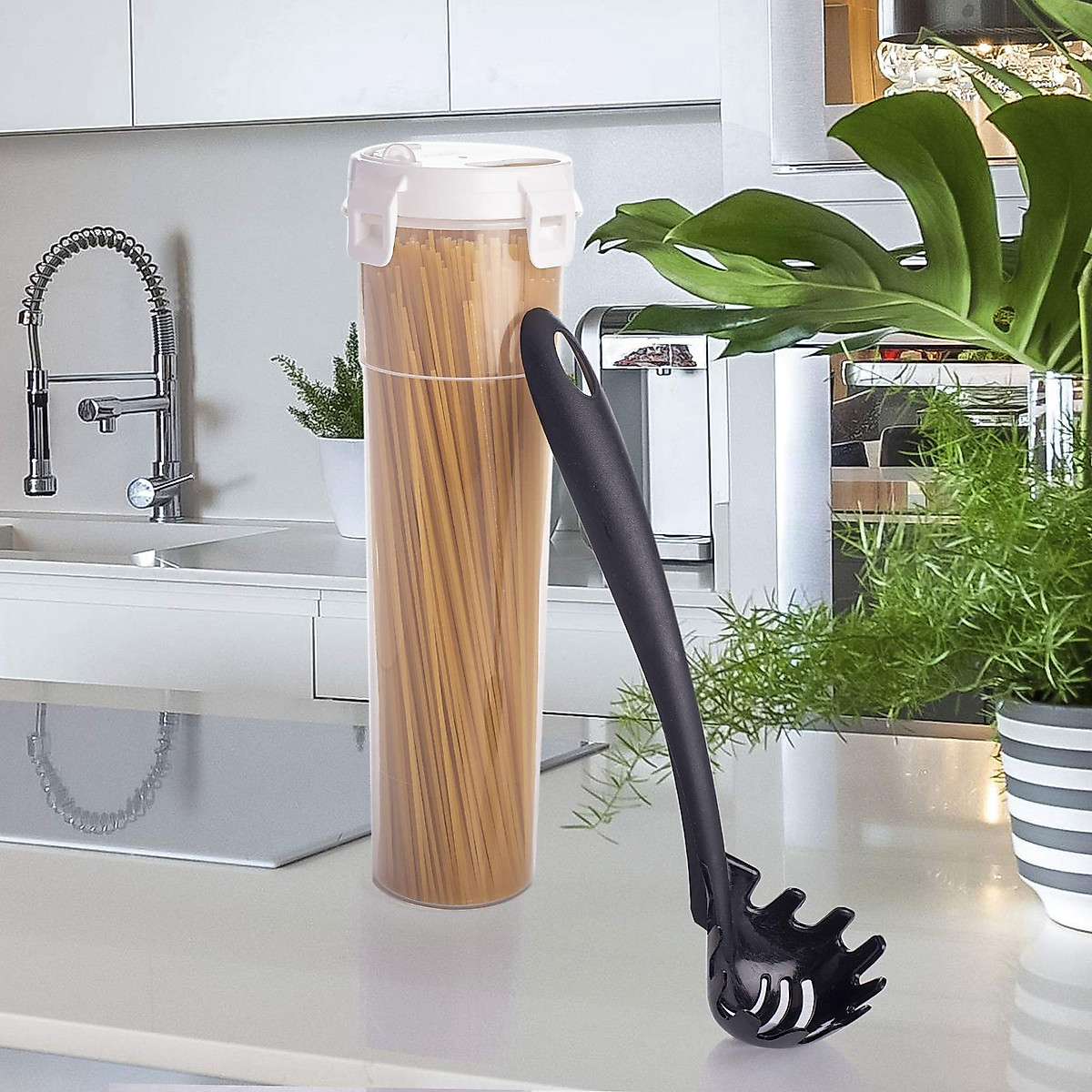 Plasutil Set of 2 Airtight Spaghetti Pasta Container, Cylinder Shaped Noodle Container + 2 Kitchen Supply Spaghetti Server for Kitchen Pantry Organization and Storage