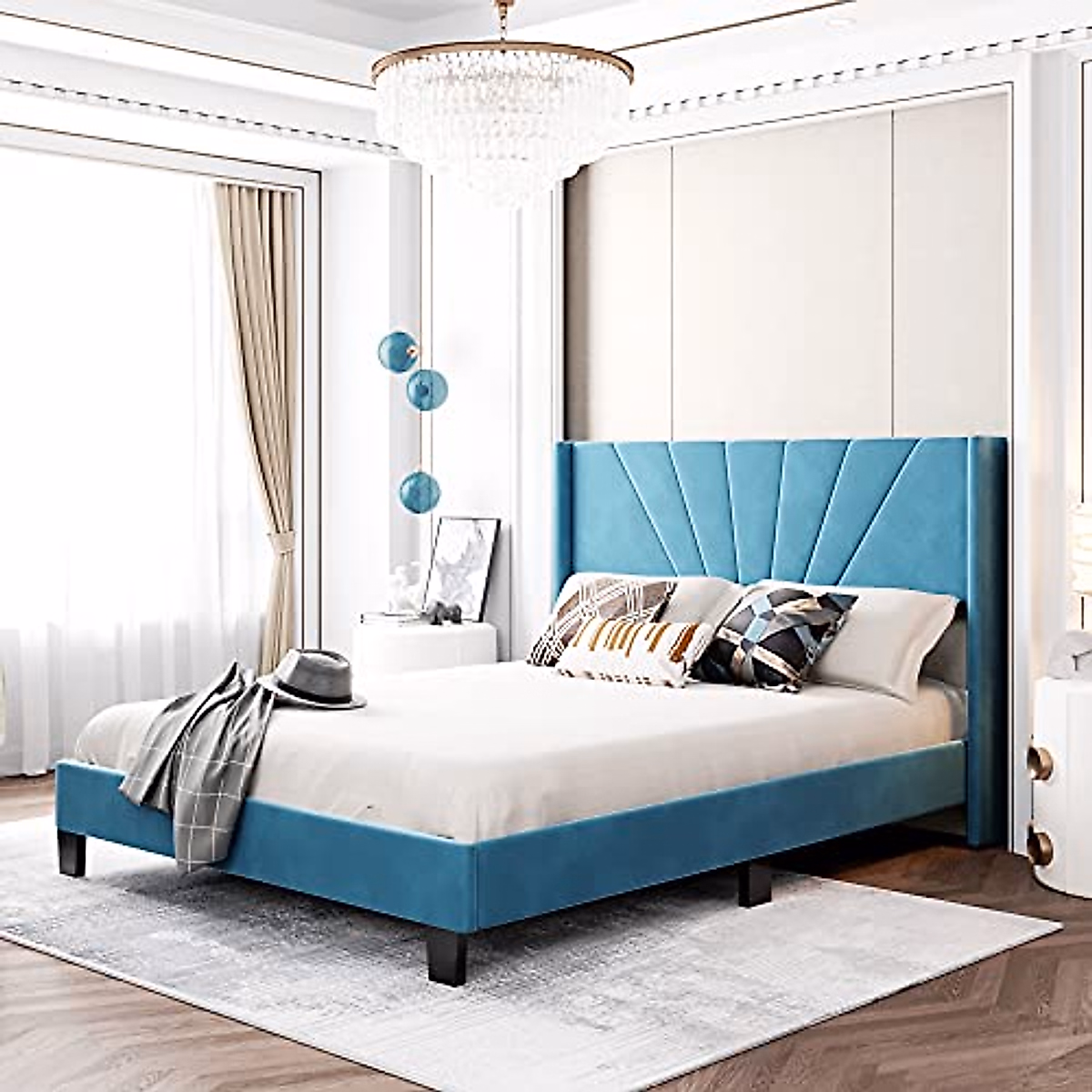 Prohon Bed Frame Queen Size with Velvet Wingback Headboard, Upholstered Platform Bed Box Spring Needed, Silent Design Comfort Bedframe w/Strong Wood Slats Support, Easy to Install, Blue