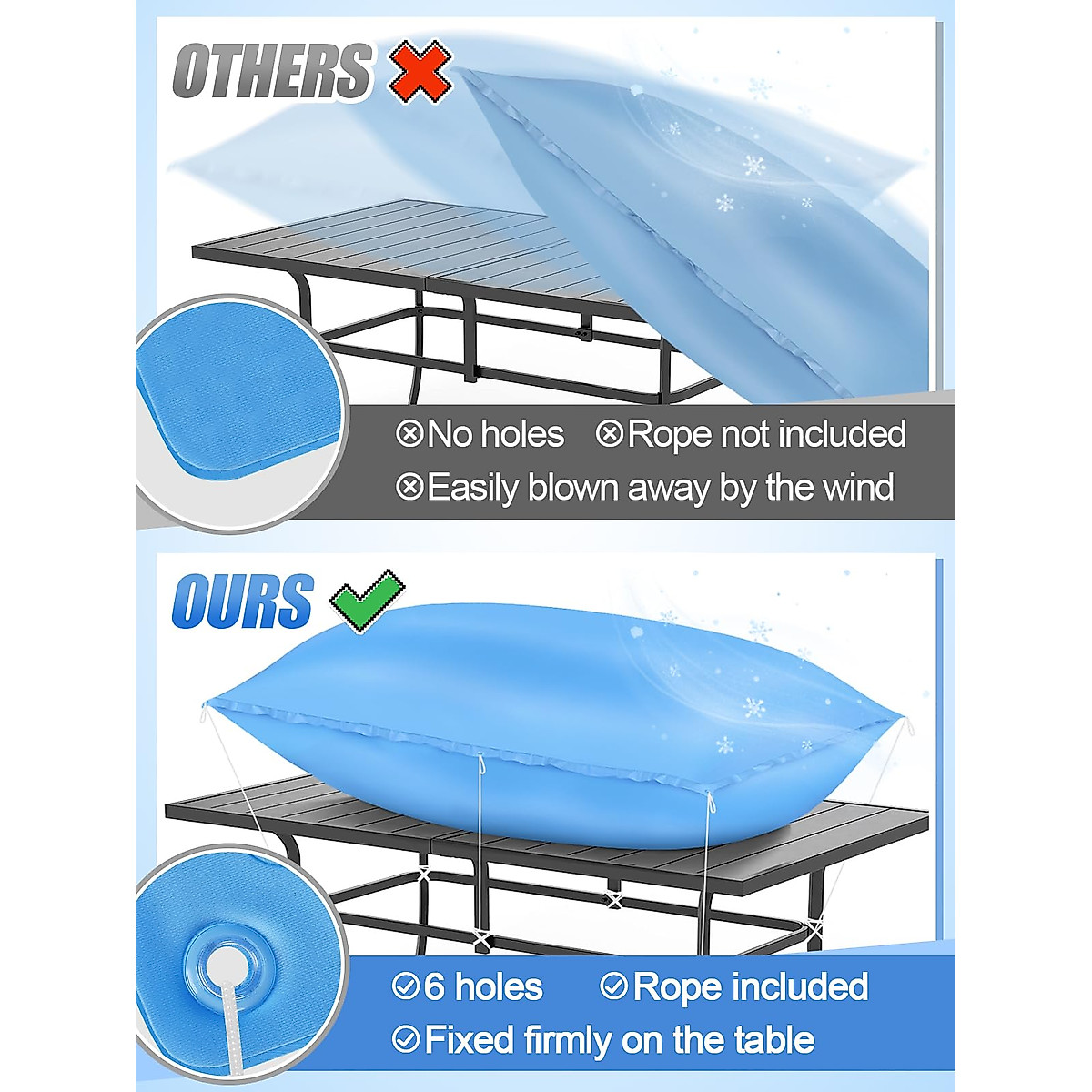 84" x 36" Patio Furniture Cover Airbag - No Leakage, with Rope to Fix, Reusable Weather Resistant Picnic Table Airbag Patio Table Cover Support for Outdoor Patio Furniture, Rectangular