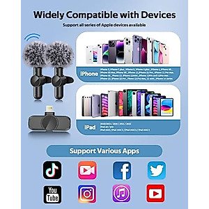 PUSEALON 2 Pack Wireless Lavalier Microphone for iPhone iPad, Plug-Play Professional Tiny Cordless Lapel Microphone Wireless, Wireless Mic for Recording Interview Vlog Livestream
