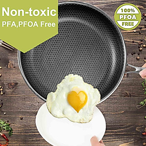 AUDANNE Frying Pan with Lid, 12 inches Large Stainless Steel Honeycomb Skillet with Handle - Induction Cooking Fry Pans, Black 12"