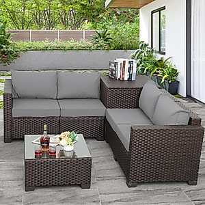 Valita Patio Furniture Set 4 Pieces Outdoor Brown Rattan Sectional Conversation Sofa Chair, Storage Box, Coffee Table,with No-Slip Cushions and Waterproof Covers, Grey