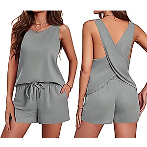 Ekouaer Womens Pajamas Tank Top and Shorts Waffle Pjs for Women Set Summer Trendy Sleepwear Set with No Sleeve Light Gray,Small