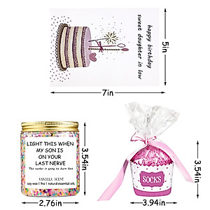Daughter in Law Gift Baskets - Daughter in Law Gifts from Mother in Law - Daughter in Law Birthday Gifts - Mothers Day Gifts for Daughter in Law, Daughter in Law Birthday Candle, Card, Sock