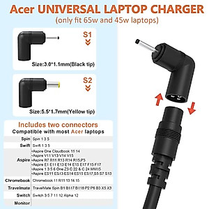 19V 3.42A 65W 45W Acer Laptop Charger for All Round Connectors Replacement for Aspire A515 R5 Chromebook 11 13 14 15 C720 C738T CB5 Spin SP111 Swift SF315 TravelMate Spin B118 Spin SF314 Cloudbook 14