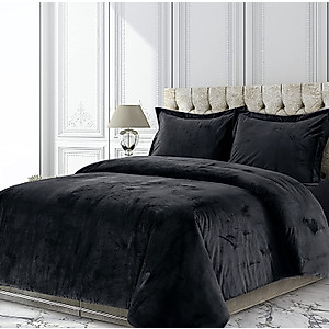 JS BEDDING Velvet Duvet Cover Set King 3 Piece (Duvet Cover + 2 Pillowcases) Black Zipper Closure Flannel Duvet Cover Venice Velvet Lush Duvet Cover Sherpa
