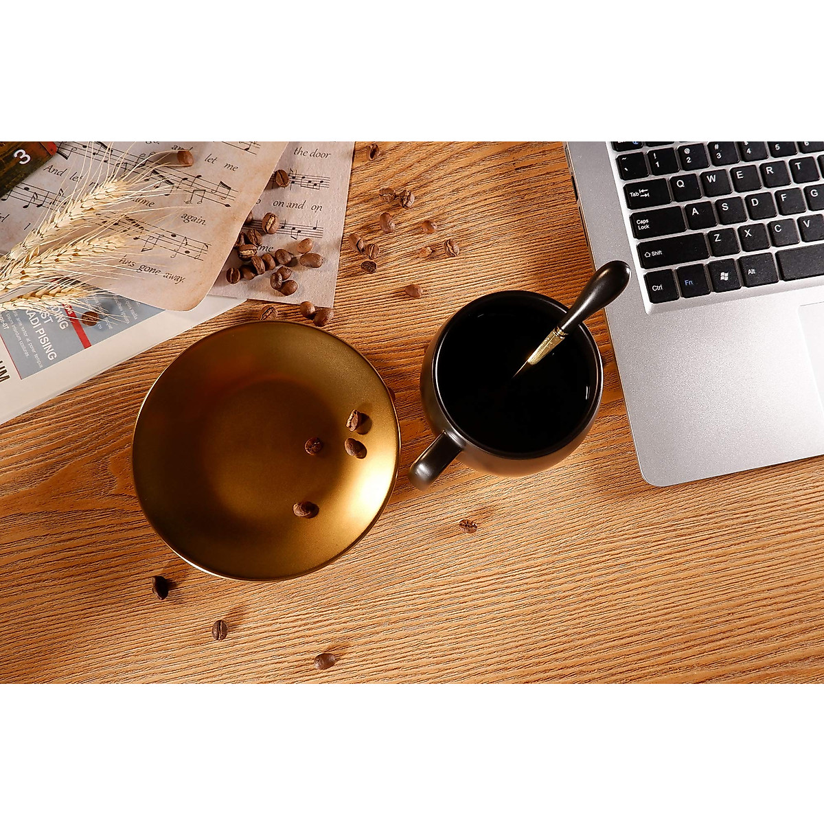 lavekywasa European Style Tea Coffee Cup Set Black Gold Gradual Vintage Ceramic Cup Coffee Mug With Spoon&Saucer Set Used for Latte, Americano, Cappuccino, Tea, Beer (4 pack)