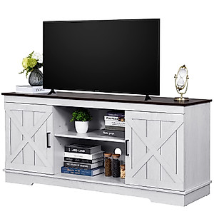 YITAHOME TV Stand for 65 Inch TV, Farmhouse Entertainment Center with Double Barn Doors and Storage Cabinets, Rustic TV Cabinet Media Console Table for Living Room, 59 Inch, Grey White/Espresso