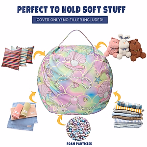 LOLOMLO Stuffed Animal Storage Bean Bag Chair Cover, Hold Kids Plush Toys Blankets Towels Beanbag (Cover Only), Canvas Floor Circle Stuff Sit Seat Sofa with YKK Zipper, Large 32", Pink Shell