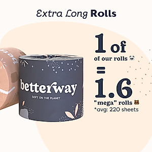 Betterway Bamboo Toilet Paper 3 Ply - Sustainable Toilet Tissue - 12 Double Rolls & 360 Sheets Per Roll - Septic Safe - Organic, Plastic Free - FSC Certified