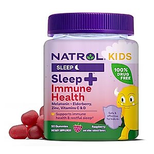 Natrol Kids Sleep+ Immune Health Gummies with Melatonin, Zinc, Vitamin C and D, Elderberry, 50 Raspberry Flavored Melatonin and Immune Health Gummies, 50 Day Supply