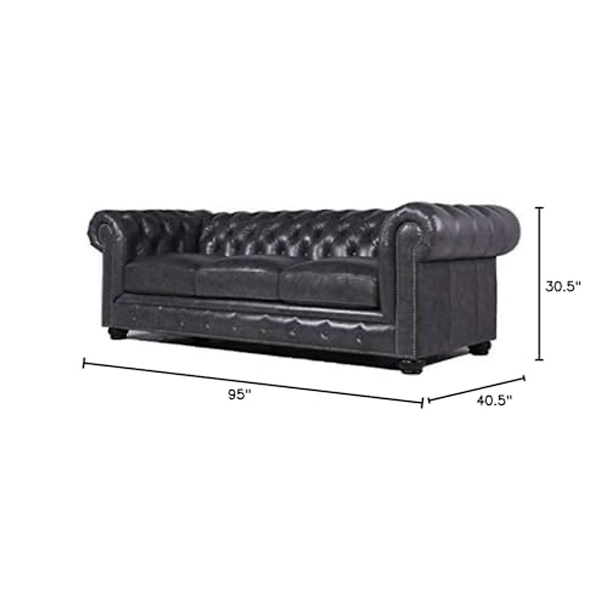 BOWERY HILL 20" Traditional Leather Tufted Back Chesterfield Sofa with Removable Seat Cushions, Leg Assembly Required, for Living Room, in Gray Finish