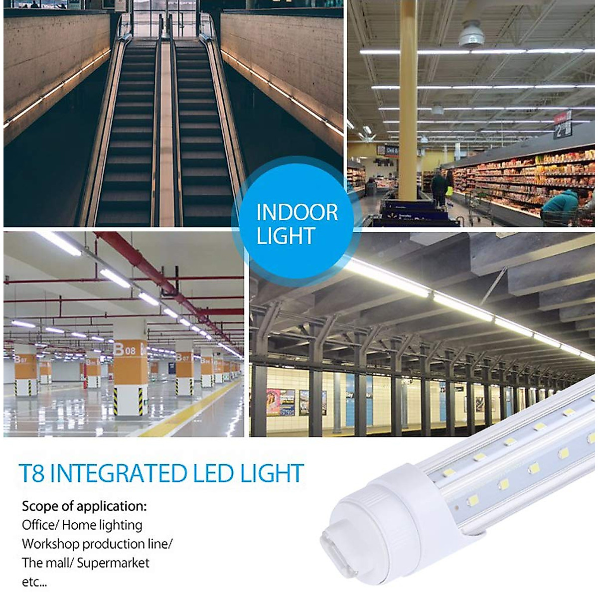 4Pack R17d V shaped Rotatable 2pin base 8 foot led bulbs Double Row 65W,Need Bypass Ballast,Replace 150W Fluorescent Shop Lights Dual-Ended Power, Cold White 6000K,clear Cover, AC 90-277V