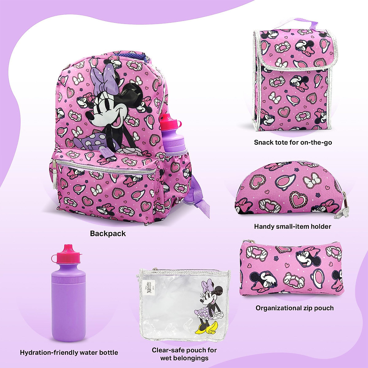 Fast Forward Minnie Mouse Backpack with Lunch Box 16 inch - 6-Piece Set, Minnie Mouse Bookbag, Perfect for Back to School & Elementary Age Girls