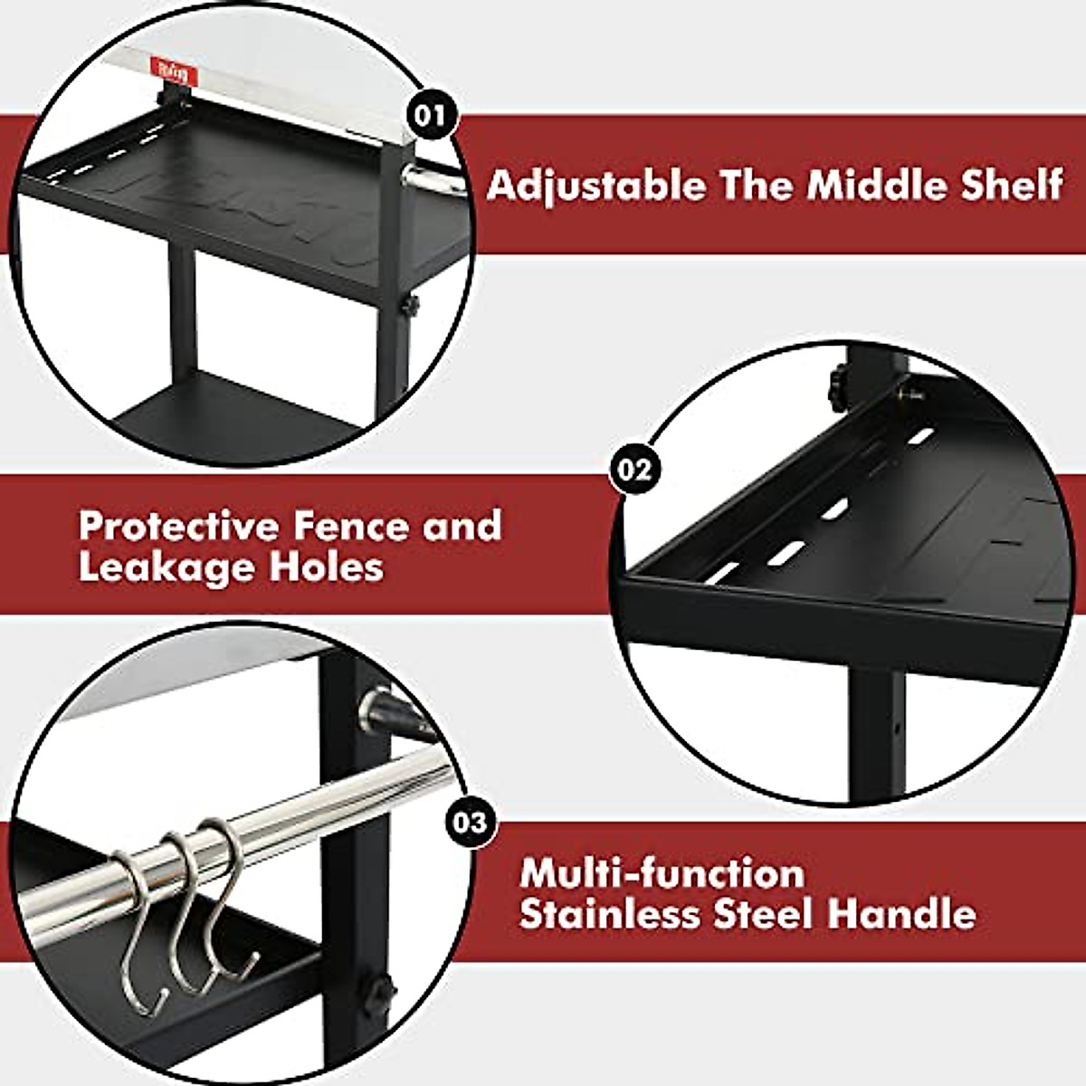 Feasto Rolling 3-Tier Adjustable Outdoor Pizza Oven Table and Food Prep Cart Table, Home and Outdoor Multifunctional Stainless Steel Table Top Worktable on Four Wheels, L34’’x W16.1’’x H33’’