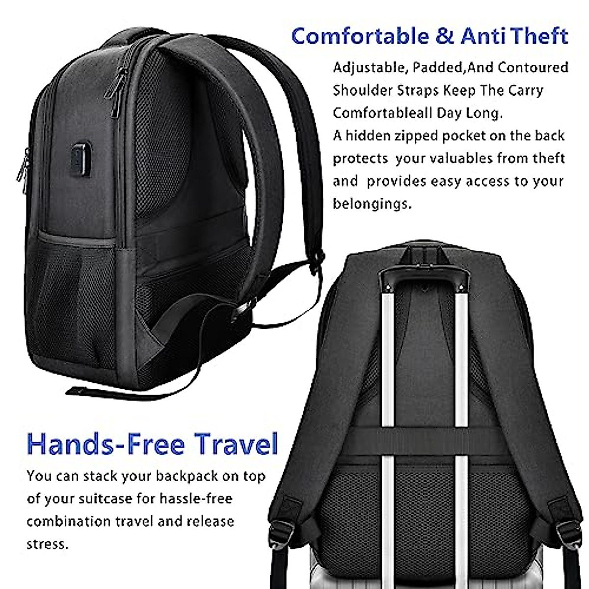 BAGEIRA Travel Backpack for Men Women, School Backpack, Anti Theft Back Packs Fit 15.6 inch Laptop with USB Charging Port, Business Computer College School BookBag, Work Casual Daypack, Black