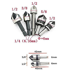 Chiloskit 5pc Industrial 5 Flutes 82 Degree Countersink Drill Bit Set Wood Metal Working Chamfer and Deburring Tool