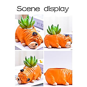 Cute Shar Pei Sleeping Pet Flower Pot with Drainer Garden Flower Pot Resin Succulent Potted Bonsai Plant Stand Home Desk Mini Decoration Balcony Gardening Flower Pot Does Not Contain Plants
