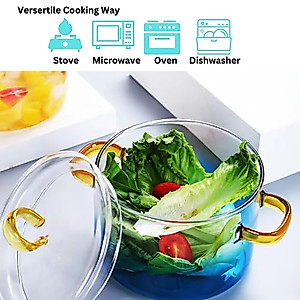 Glass Pot for Cooking On Stove, 1.5L Heat-Resistant Clear Simmer Pots for Cooking, Microwave Glass Saucepan with Cover & Handle, Glass Cookware for Noodles, Soup and simmering (Clear with Blue Tint)