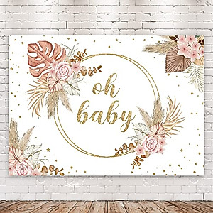Riyidecor Girl Boho Oh Baby Baptism Baby Shower Decorations Backdrop 7Wx5H Feet Polyester Fabric Pink Bohemian Pampas Grass Blush Newborn Party Floral Gold Banner Festival Studio Photo Shoot