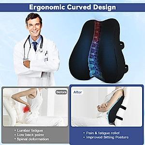 Lumbar Support Pillow for Office Chair, Cooling Memory Foam Pillow for Back Pain Relief, Ergonomic Back Support Pillow with Dual Extension Straps for Car, Couch, Recliner, Gaming Chair, Black