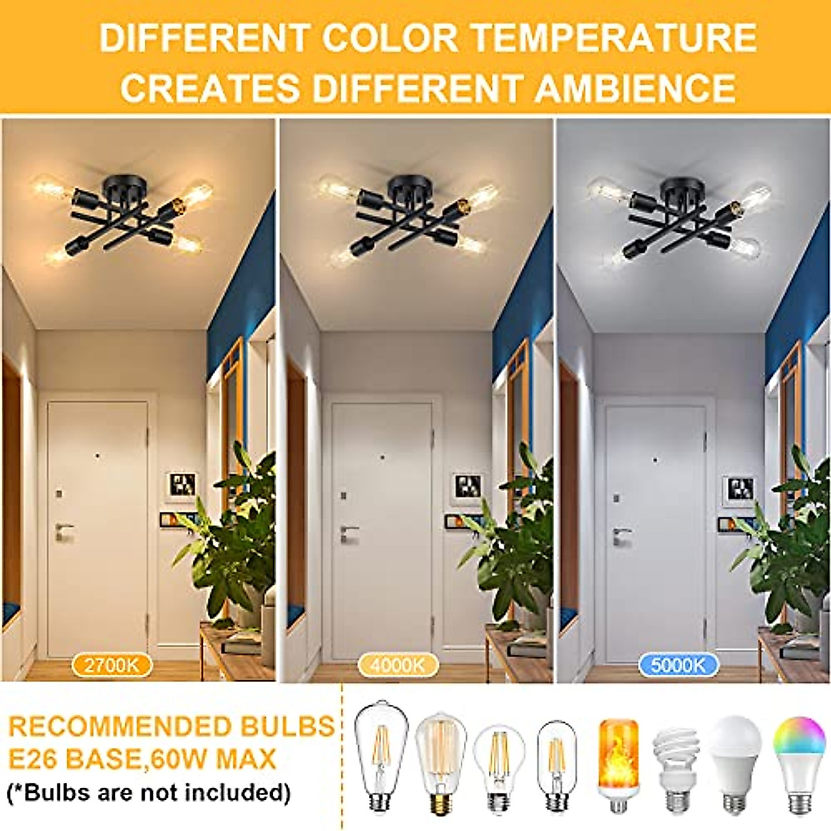 SunRider Industrial 4-Light Semi Flush Mount Ceiling Light Fixture, Modern Farmhouse Lighting Matte Black, Rustic Sputnik Chandelier Ceiling Lamp for Kitchen Bedroom Living Room, Bulbs Not Included